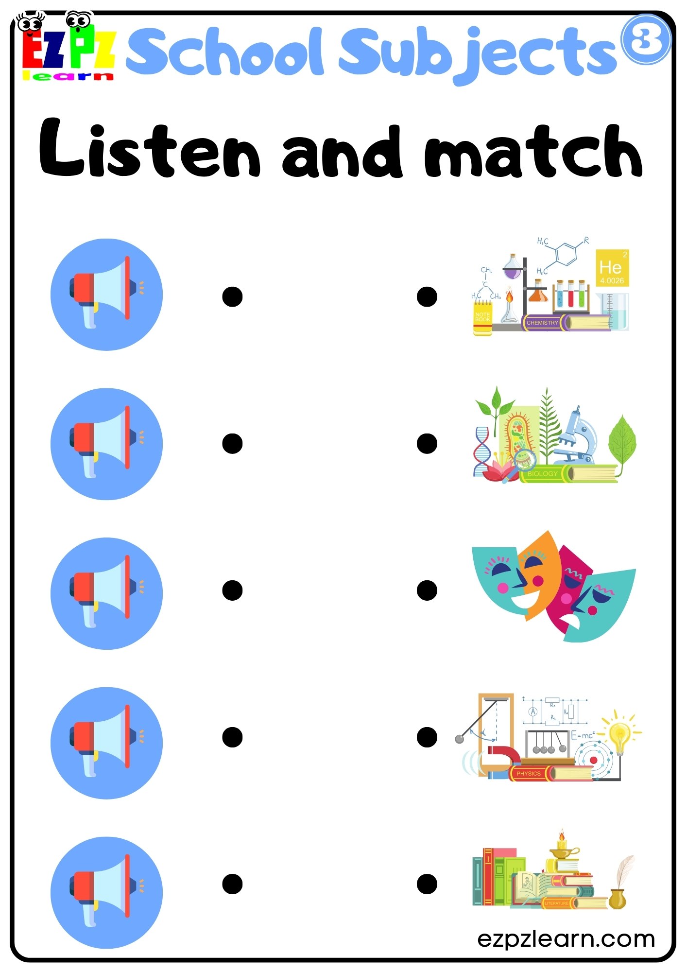 School Subjects Interactive Worksheet Listen and Match the Correct Images Activity for K5 and ...
